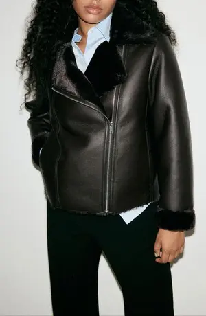 Mango Faux Leather & Faux Fur Moto Jacket