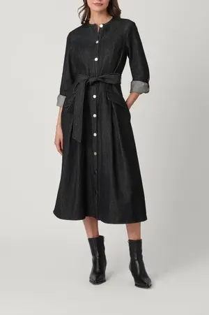 Shoshanna Leather Denim Mixed Media Jennings Dress - Jet