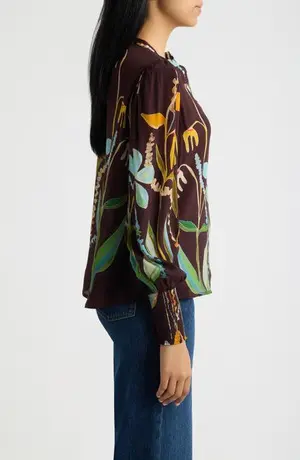 APNY Print Split Neck Top With Smocked Cuffs