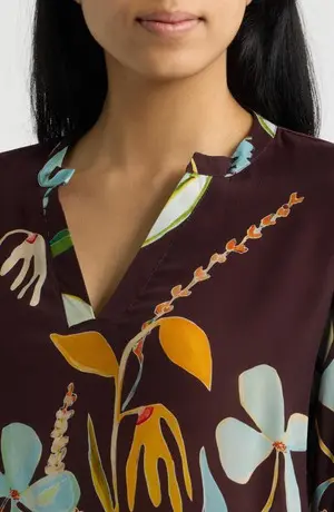 APNY Print Split Neck Top With Smocked Cuffs