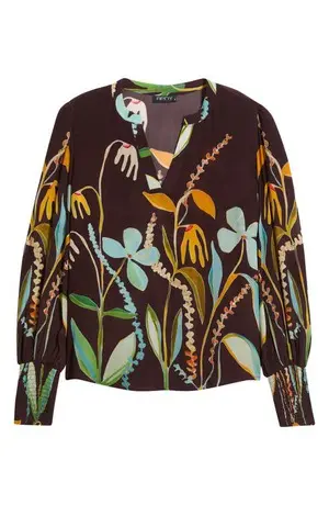 APNY Print Split Neck Top With Smocked Cuffs