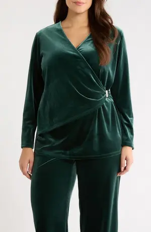 Anne Klein Velvet Faux Wrap Top - Pine Forest