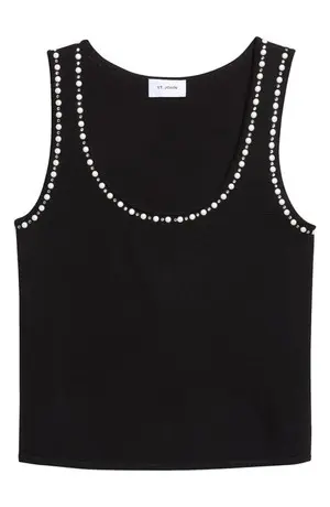 St. John Faux Pearl & Crystal Merino Wool Sweater Tank - Black