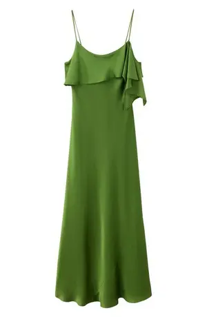 Mango Asymmetric Ruffle Satin Midi Slipdress - Green