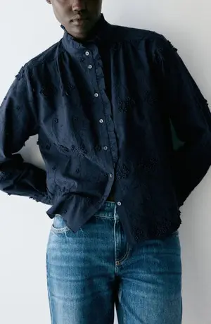 Mango Embroidered Ruffle Shirt - Navy