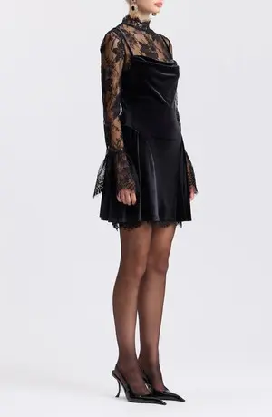 Avec Les Filles Twofer Long Sleeve Lace & Velvet Dress