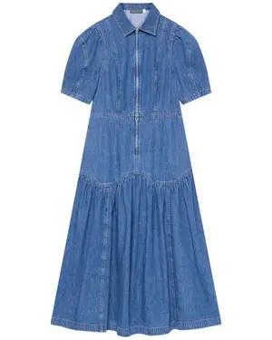 Mint Velvet Puff Sleeve Denim Midi Dress - Blue