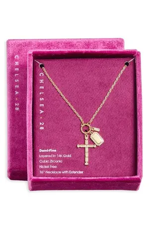 Chelsea28 Cubic Zirconia Cross Pendant Necklace - Clear- Gold