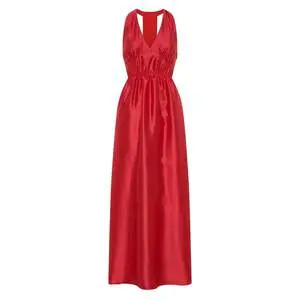 DEER YOU Odette Halter T-bar Back Full Length Silk Gown In Crimson