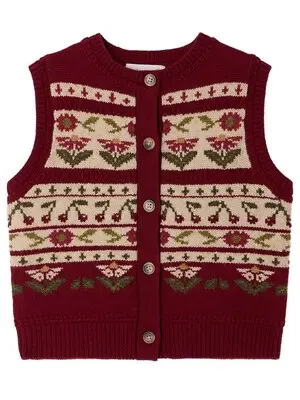 Bonpoint Meriam Sleeveless Jacquard Wool Cardigan - Red
