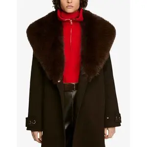 Sandro Belted Shearling-collar Wool And Alpaca-blend Coat