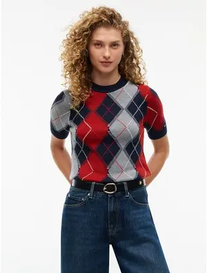Tommy Hilfiger Short-sleeve Argyle Crewneck Sweater - Navy Argyle