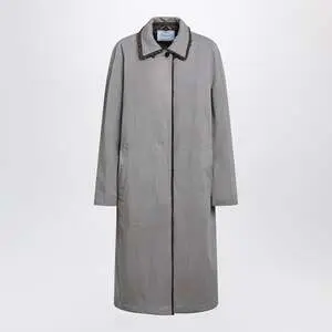 Prada Reversible Overcoat In Twill With Vintage-effect Houndstooth - Grey