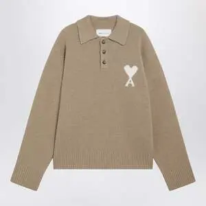 AMI Paris De Coeur Alpaca-blend Mini Polo Sweater - Beige