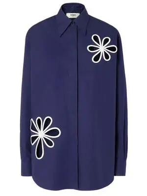 Fendi Cotton Shirt With Rounded Side Slits And Embroidered Logo Cuff - Blu