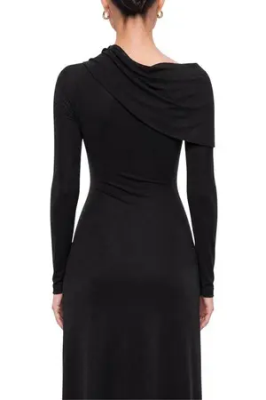 NOCTURNE Asymmetric Neck Draped Maxi Dress - Black
