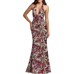 Mac Duggal Floral Sequin Sleeveless Open Back Gown - Berry Multi