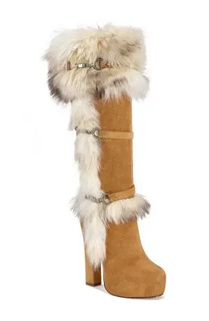 AZALEA WANG Rylan Faux Leather Knee High Boot With Faux Fur Trim - Camel