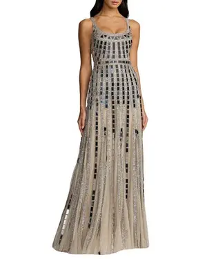 Mac Duggal Sleeveless Geometric Mirror Embellished Gown