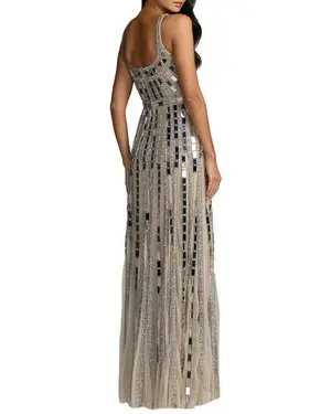 Mac Duggal Sleeveless Geometric Mirror Embellished Gown