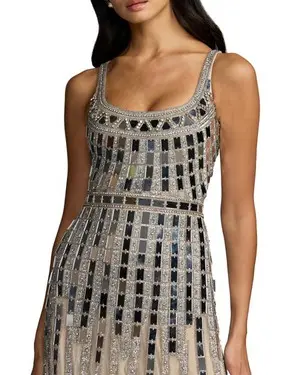 Mac Duggal Sleeveless Geometric Mirror Embellished Gown