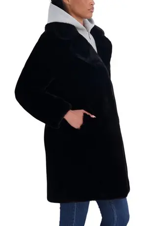 SEBBY COLLECTION GOLD LABEL Faux Fur Coat With Removable Hooded Bib - Black