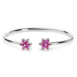 HAUS OF BRILLIANCE 925 Sterling Ruby With Diamond Accent Floral Flexy Open Bangle Bracelet - Silver