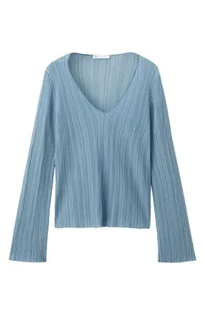 Mango V Neck Lurex Crochet Sweater - Blue