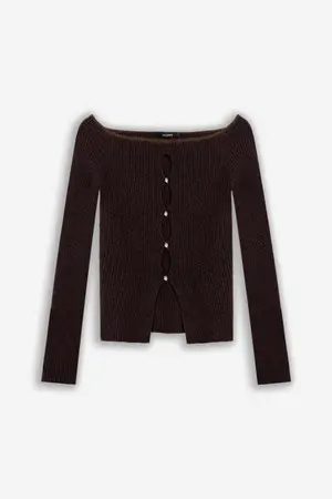NOCTURNE Off Shoulder Ribbed Knit Cardigan
