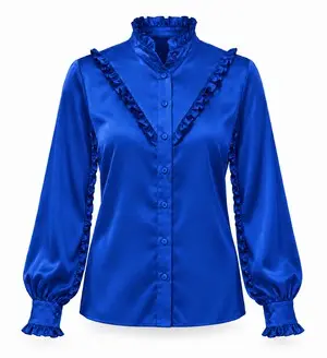 CARLOSLINES Ruffle Stand Collar Long Sleeve Shirt In Cobalt Solid - Blue