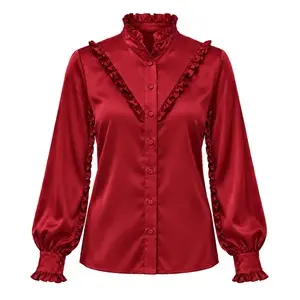 CARLOSLINES Ruffle Stand Collar Long Sleeve Shirt In Burgundy Solid Red