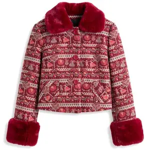 LOUCHE Kent Heirloom Jacquard Fur Trim Cropped Jacket Wine - Red