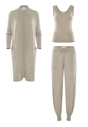 YOU LOOK PERFECT Merino Loungewear Set, Cardigan Blossom & Top Blossom & Pants Bella - Brown