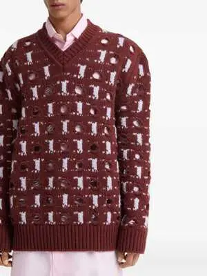 Marni Brown Wool And Cashmere Sweater With Openwork Polka Dots