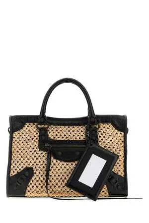 Balenciaga Two-tone Raffia And Leather Small Le City Handbag - Brown