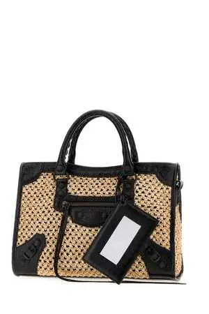 Balenciaga Two-tone Raffia And Leather Small Le City Handbag - Brown