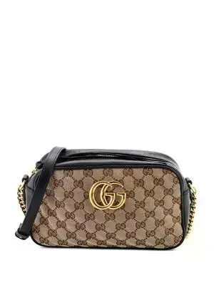 Gucci Gg Marmont Shoulder Bag Diagonal Quilted Gg Canvas With Leather Small Crossbody Bag - Black