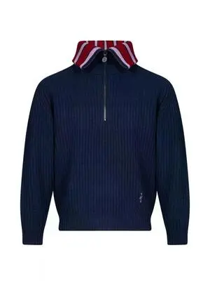 Drole De Monsieur Ribbed-knit Half-zip Sweater - Blue