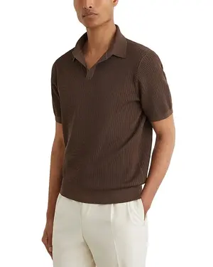 REISS Ribbed Knit Open Collar Polo Shirt - Chocolate