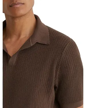REISS Ribbed Knit Open Collar Polo Shirt