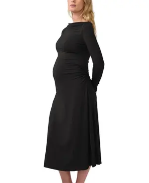 INGRID & ISABEL Ruched Mock Neck Maternity Midi Dress - Black