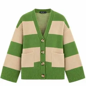 CARA & THE SKY Candice Chunky Stripe V Neck Button Cardigan & Beige - Green