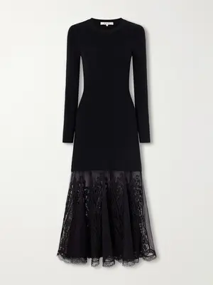 Sea Vali Embroidered Tulle-trimmed Wool Midi Dress - Black