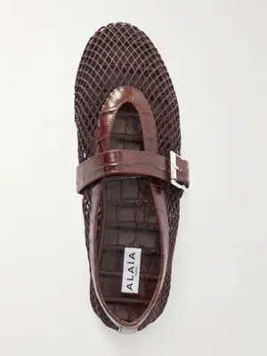 Alaïa La Ballerine Croc-effect Leather-trimmed Mesh Ballet Flats - Brown