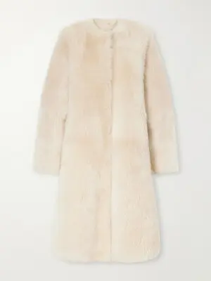 ALMADA Gemma Collarless Paneled Shearling Coat - Neutrals
