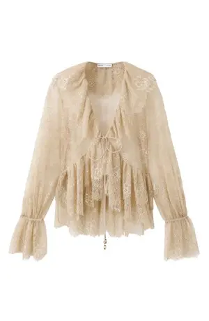 Mango Lace Ruffle Long Sleeve Shirt - Sand