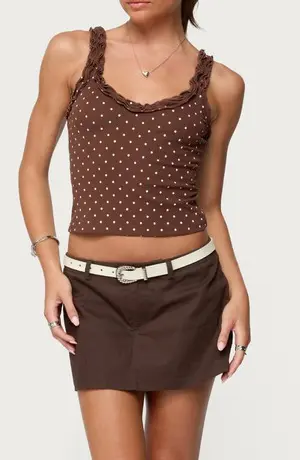 EDIKTED Pippin Ruffle Dot Crop Tank - Brown