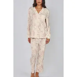 ICOLLECTION Toile Print Long Sleeve Pajama Set - Ivory