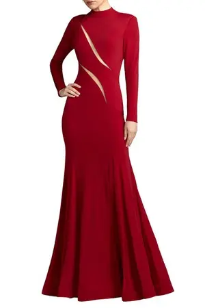 Mac Duggal Mock Neck Long Sleeve Cut Out Jersey Gown - Red