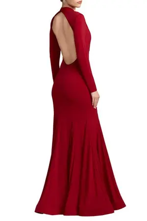 Mac Duggal Mock Neck Long Sleeve Cut Out Jersey Gown